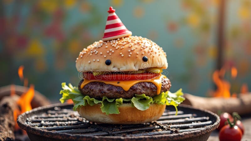 Cheerful Burger with Party Hat on Grill - Festive Food Celebration ...