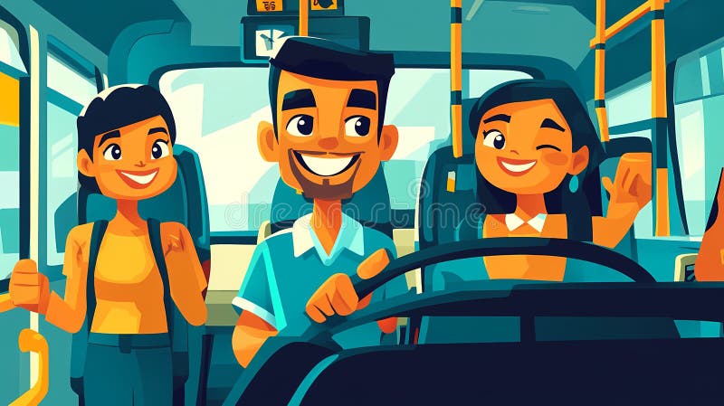 A Cheerful Bus Scene with a Driver and Two Passengers Enjoying Their ...