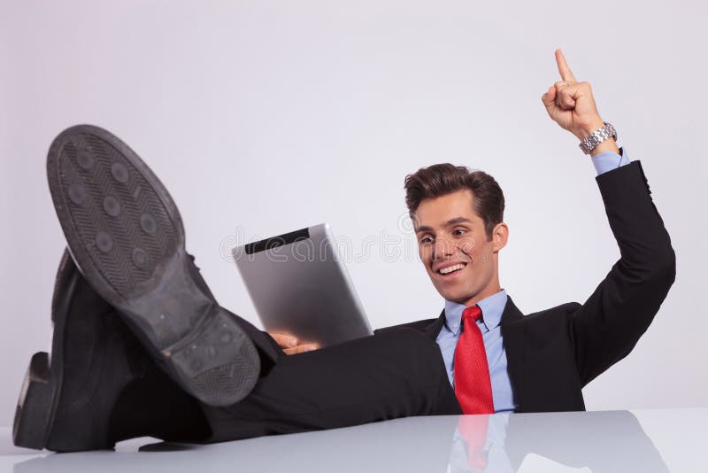 Cheerful Business Man Pointing Up Stock Photo - Image of business ...