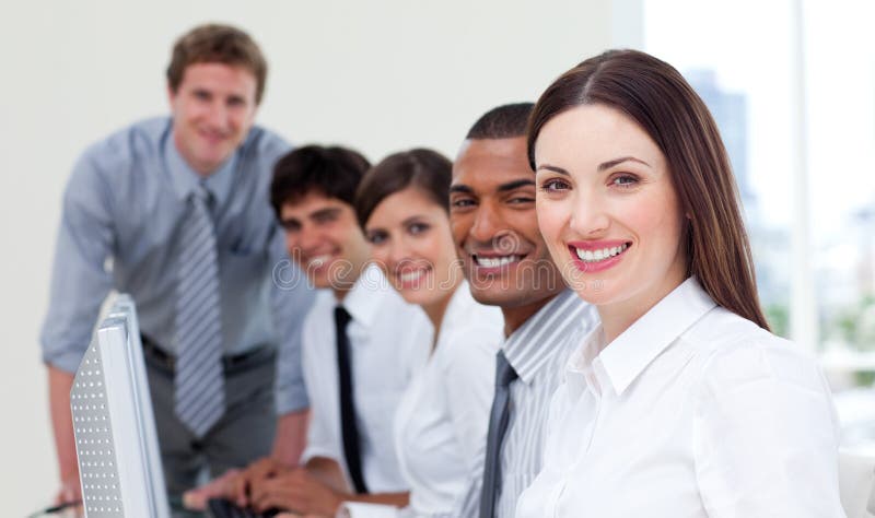 Cheerful Business Team Working at Computer Stock Image - Image of group ...