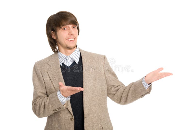 Cheerful Businessman Pointing Hands Stock Photo - Image of amazed ...