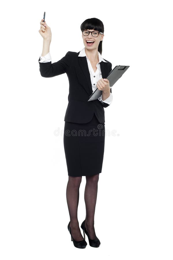 Cheerful Businesswoman Posing with Raised Arm Stock Image - Image of ...
