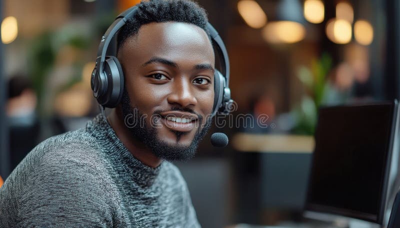 A Cheerful Call Center Agent Using a Headset while Working at a Busy ...