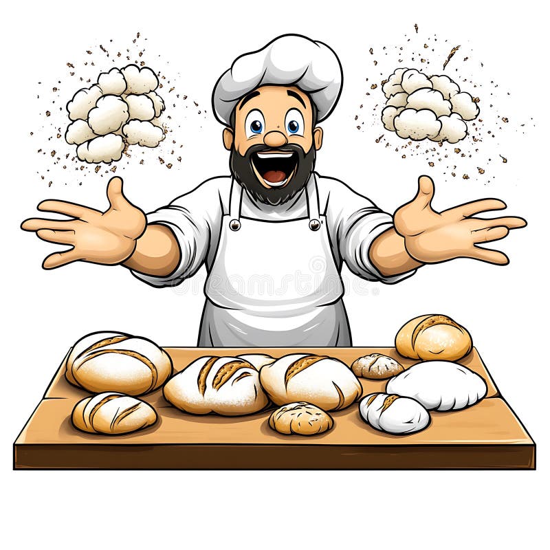Cheerful Baker Preparing Fresh Bread in Cartoon Style Stock ...