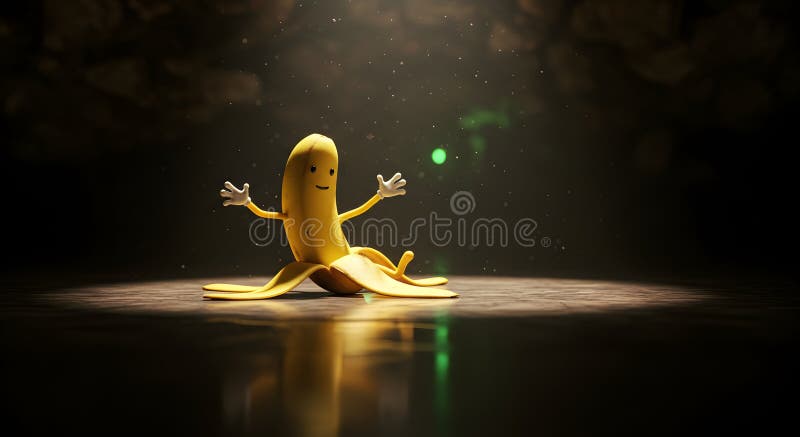 Cheerful Cartoon Banana Character Posing Dramatically Under Spotlight ...
