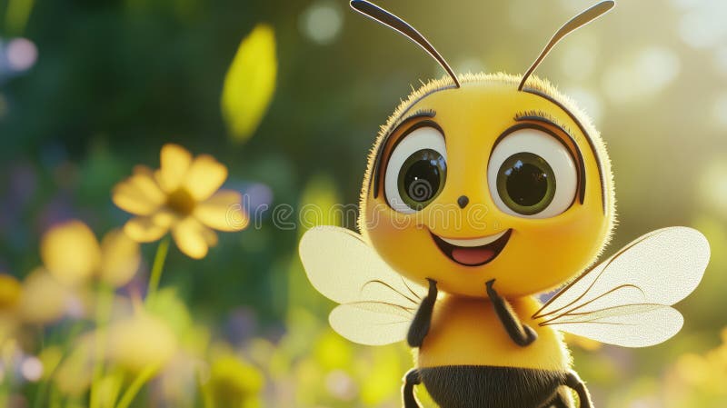 Cheerful Cartoon Bee Smiling in Flower Field Stock Photo - Image of ...