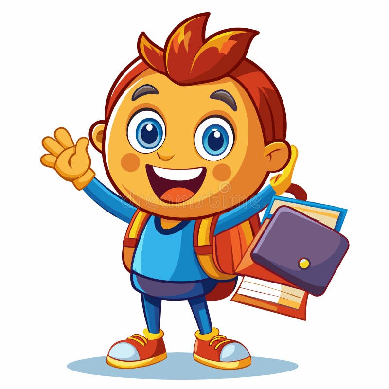 A Cheerful Cartoon Boy with a Backpack and a Book Waving Hell Stock ...