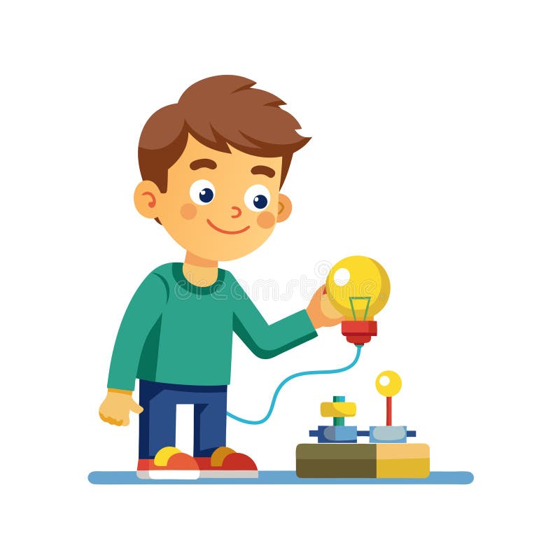 Cartoon Boy Scientist Experimenting with Circuit Board and Lightbulb ...