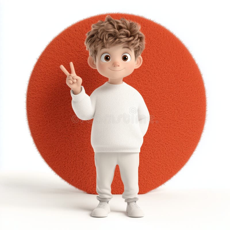 Cheerful Cartoon Boy Making Peace Sign in Front of Vibrant Red Circle ...