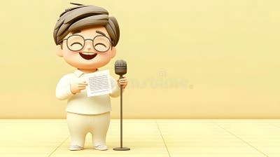 Cheerful Cartoon Boy Speaking at a Microphone Stock Illustration ...