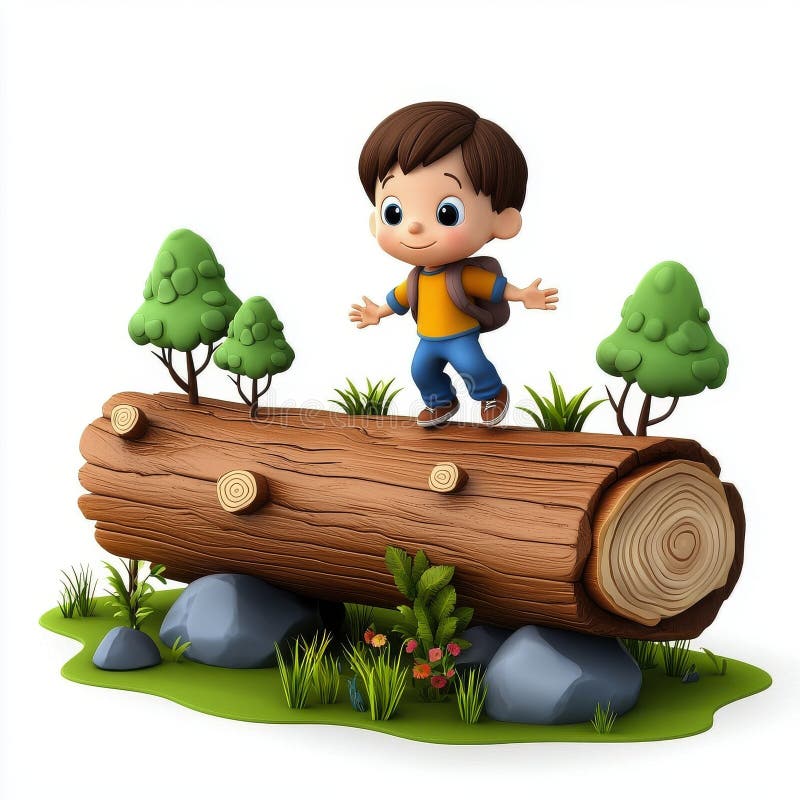 Cheerful Cartoon Boy Walking on Tree Trunk in 3D Render Stock ...
