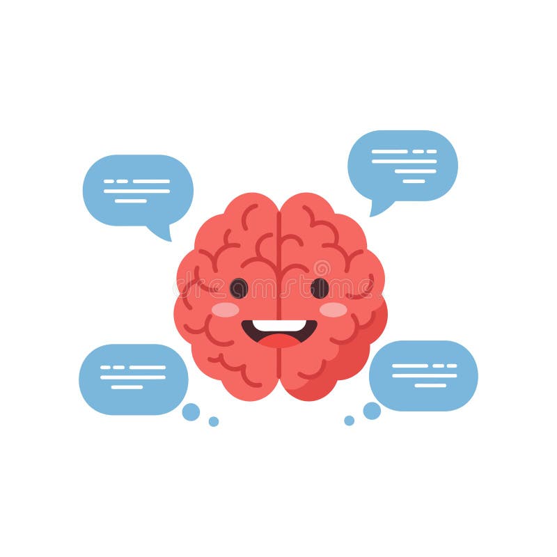 Cheerful Cartoon Brain with Speech Bubbles in a Flat Design Vector ...