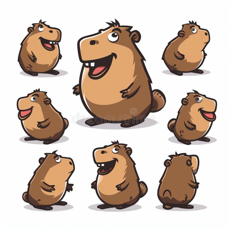 Cheerful Cartoon Capybara Character in Various Poses and Expressions ...