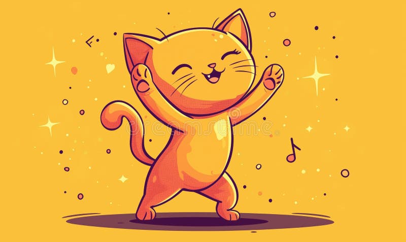 Cheerful Cartoon Cat Dancing Joyfully on Bright Yellow Background Stock ...