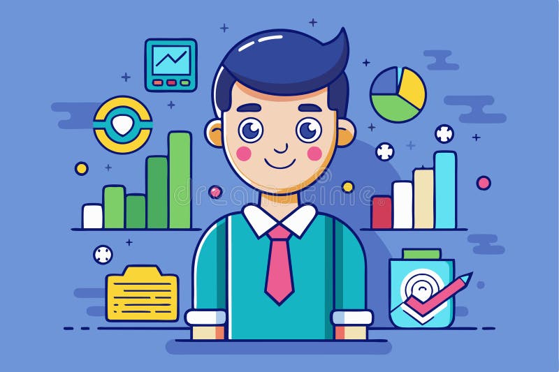 A Cheerful Cartoon Character Analyzes Data with Various Charts and ...