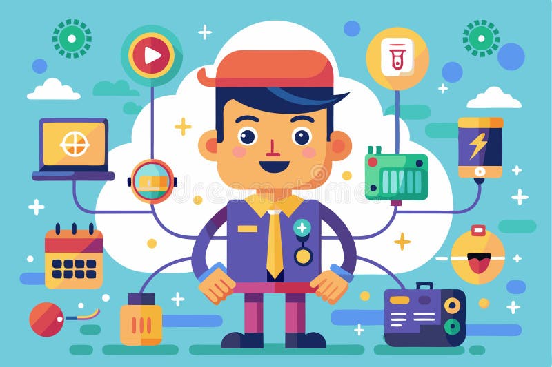 A Cheerful Cartoon Character Explores Various Tech Gadgets and Tools ...