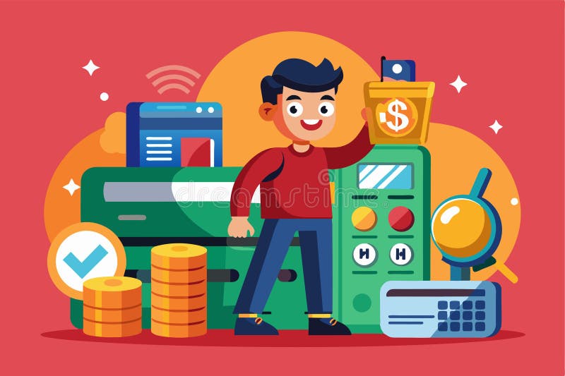 A Cheerful Cartoon Character Interacts with a Payment Machine, Adding ...