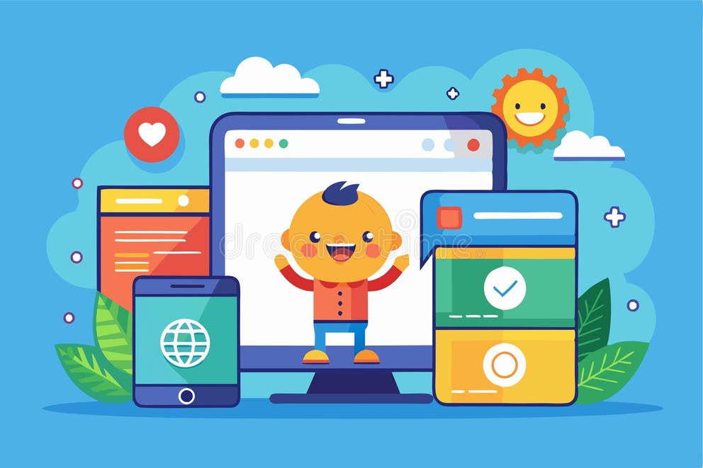 A Cheerful Cartoon Character is Shown on a Computer Screen Surrounded ...