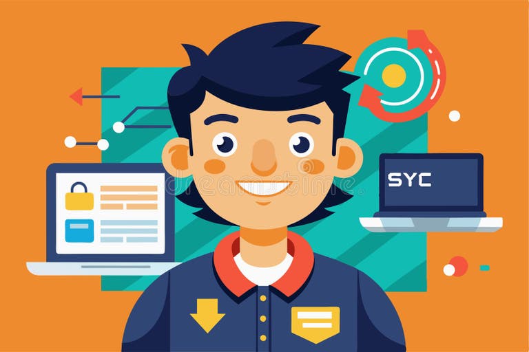 A Cheerful Cartoon Character Stands in Front of Computers, Highlighting ...