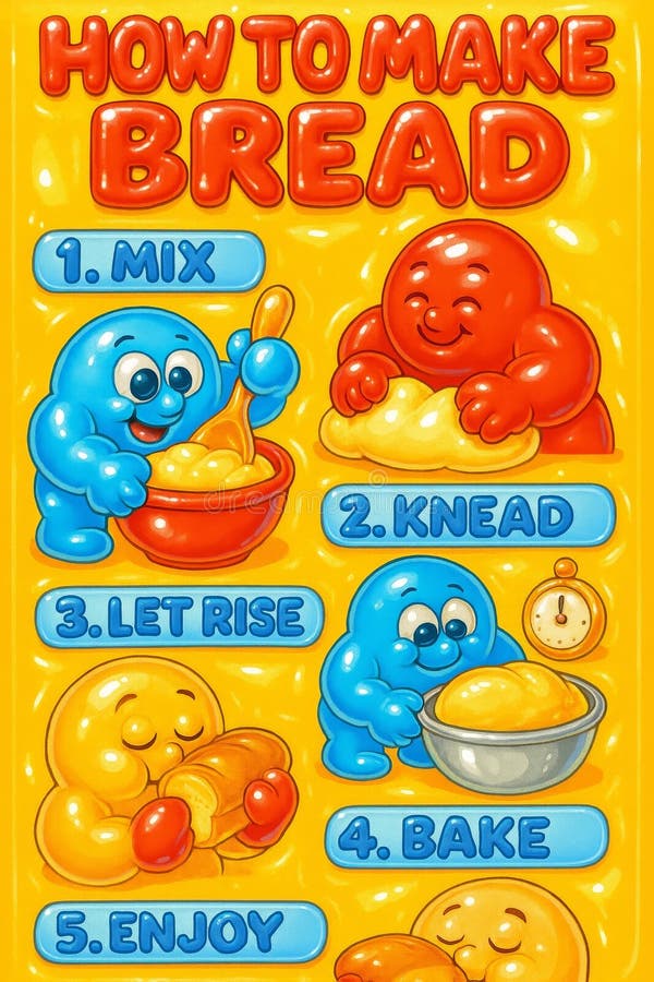 Cheerful Cartoon Characters Demonstrating Bread Making Process ...