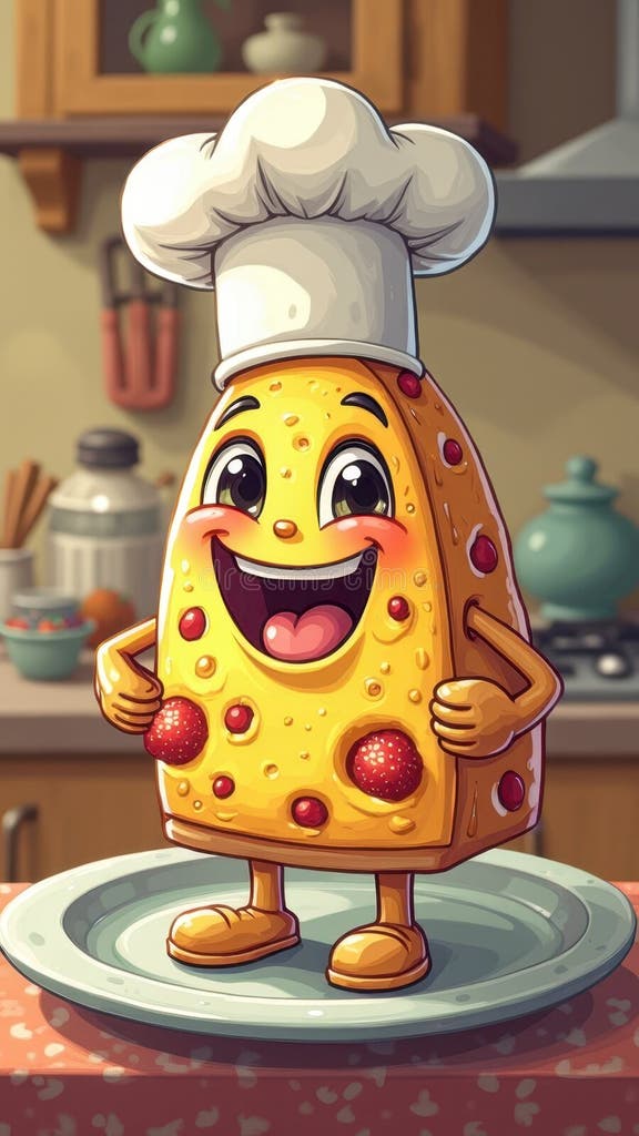 Cheerful Cartoon Cheese Character with Chef Hat in Kitchen Setting ...