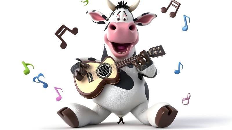 A Cheerful Cartoon Cow Playing Guitar with Musical Notes Around it ...