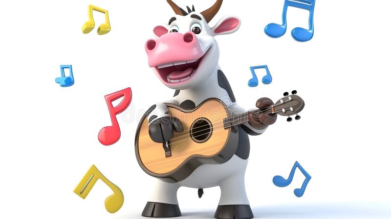 A Cheerful Cartoon Cow Playing a Guitar Surrounded by Musical Notes ...