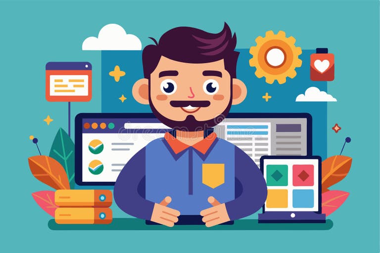 A Cheerful Cartoon Designer Stands in a Modern Workspace Surrounded by ...