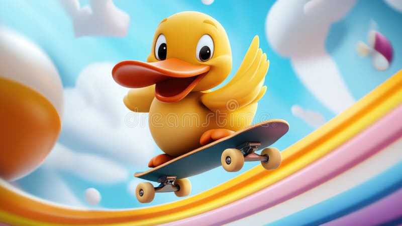 Cheerful Cartoon Duck Skating Over Rainbow with Beach Ball and Clouds ...