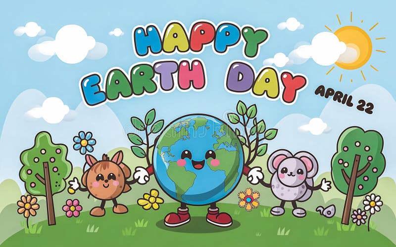 A Cheerful Cartoon Earth Day Scene with Smiling Earth, Trees, and ...