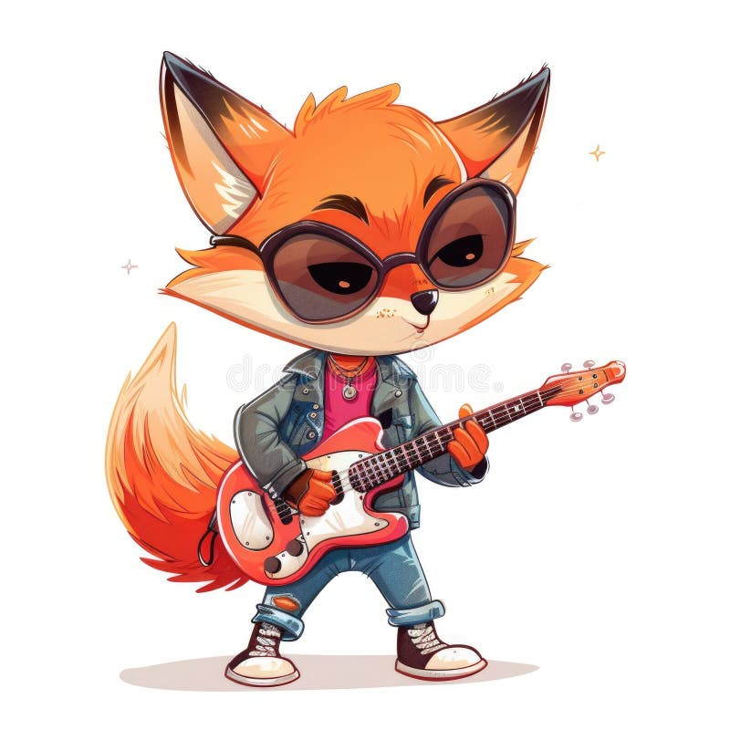 Cheerful Cartoon Fox Playing Electric Guitar Stock Illustration ...