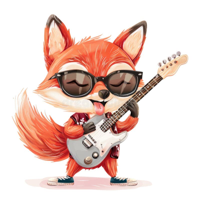 Cheerful Cartoon Fox Playing Electric Guitar Stock Illustration ...