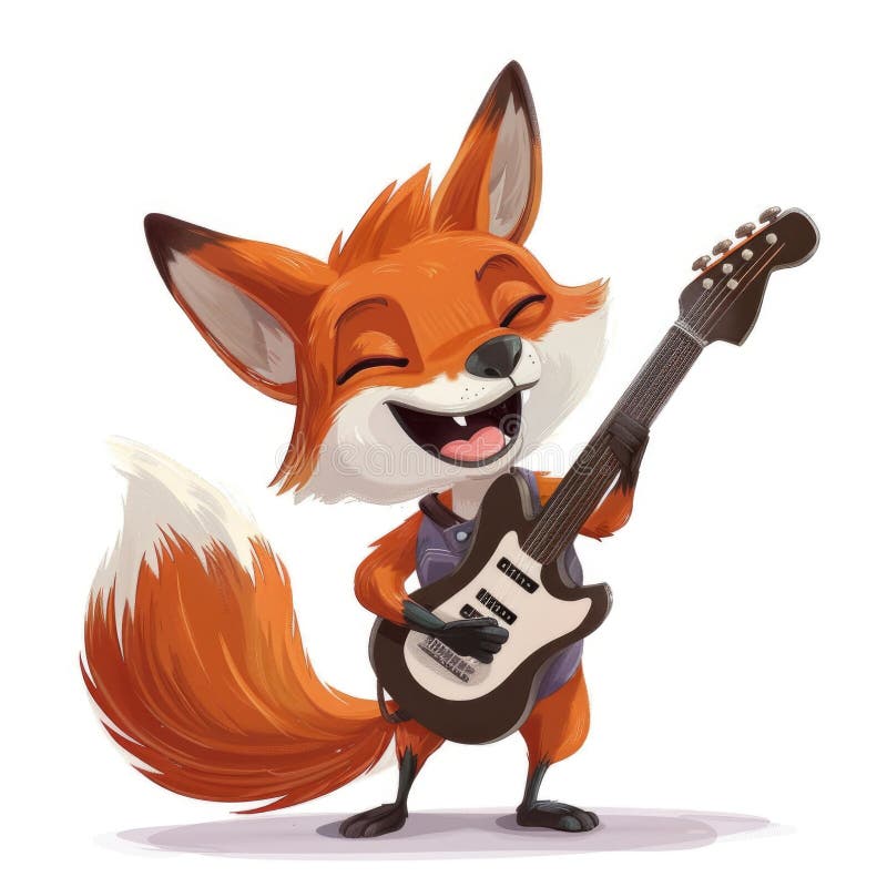 Cheerful Cartoon Fox Playing Electric Guitar Stock Illustration ...