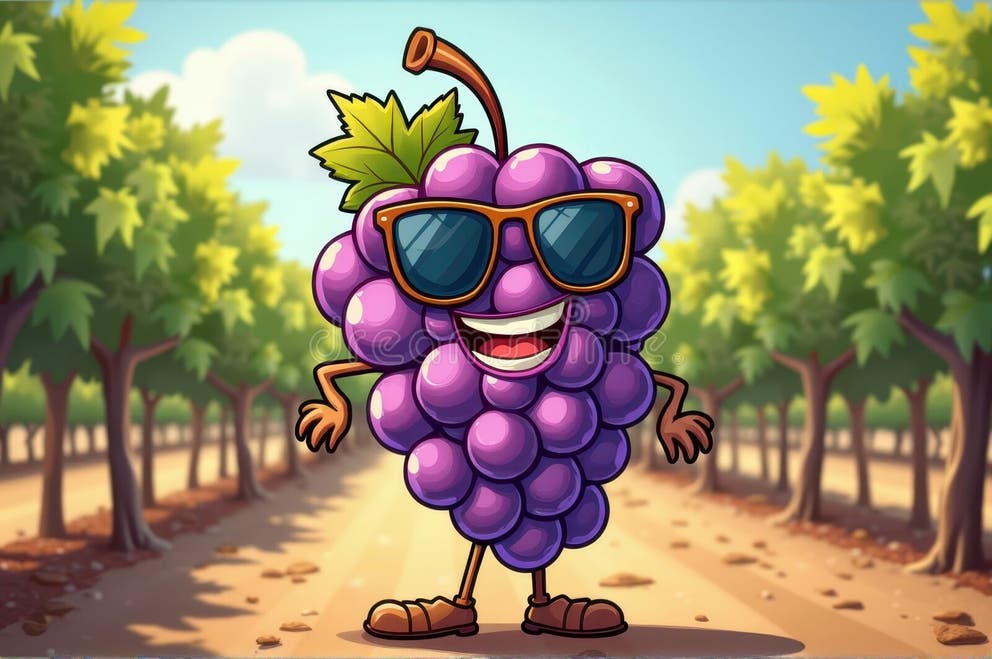 Cheerful Cartoon Grape Wearing Sunglasses in a Vibrant Vineyard Setting ...