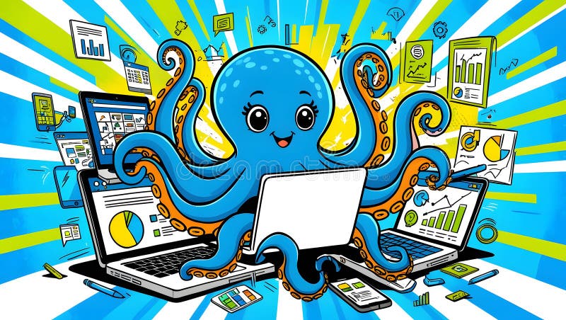 A Cheerful Cartoon Octopus Multitasks with Laptops, Graphs, and Charts ...