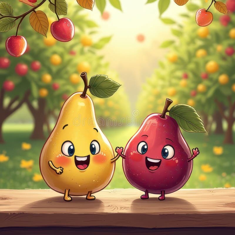 Cheerful Cartoon Pear and Apple Friends in Vibrant Orchard Scene Stock ...