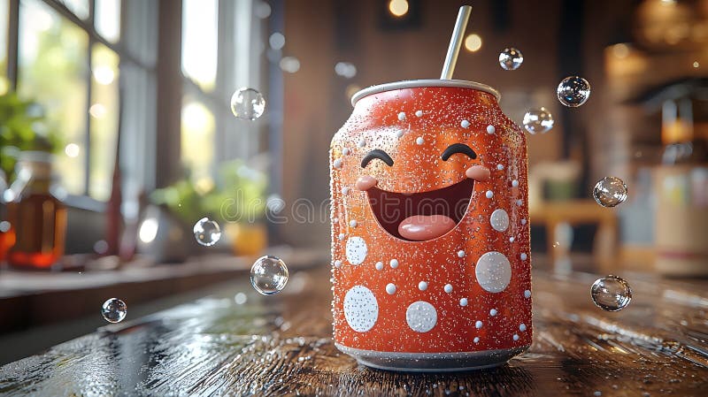 Cheerful Cartoon Soda Can Character with Bubbles and Straw Stock ...