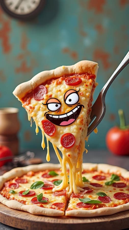 Cheerful Cartoon-style Pepperoni Pizza Slice with Melting Cheese in ...
