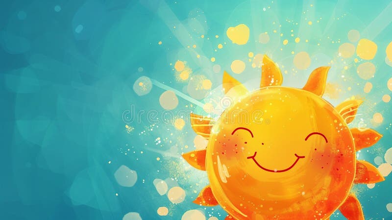 Cheerful Cartoon Sun with a Happy Face and Rays on a Soft Blue Backdrop ...