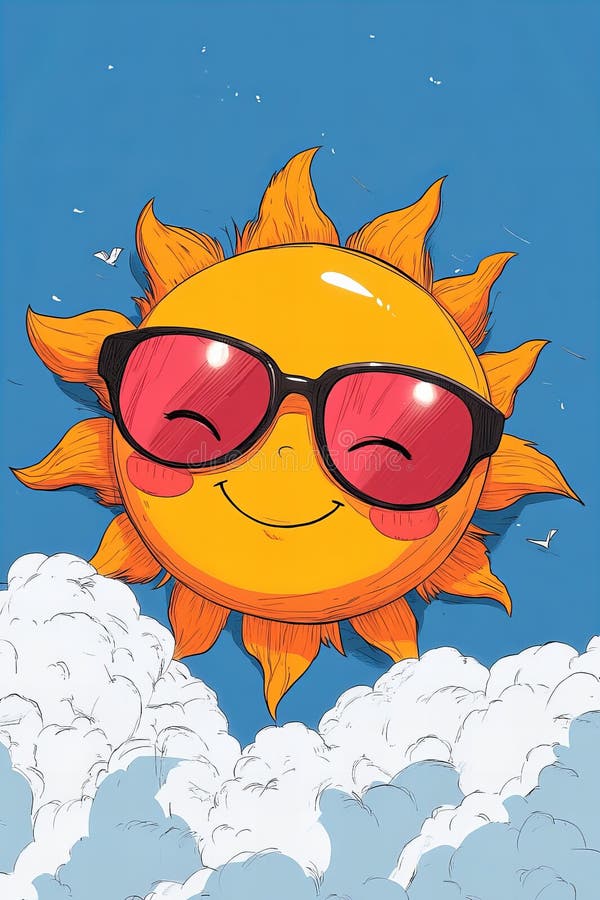 Cheerful Cartoon Sun with Sunglasses in Bright Sky with Clouds Stock ...