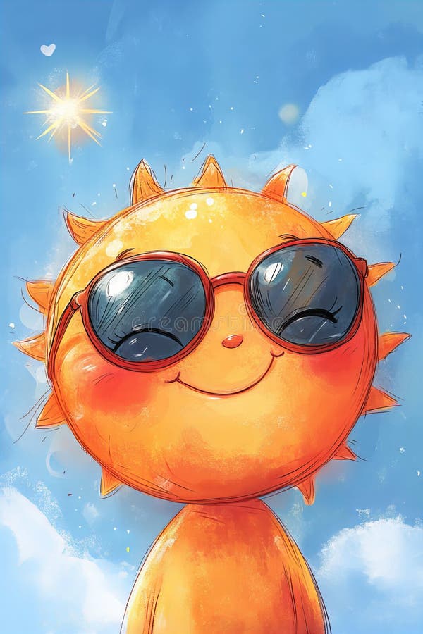 Cheerful Cartoon Sun with Sunglasses on a Bright Summer Day Stock ...
