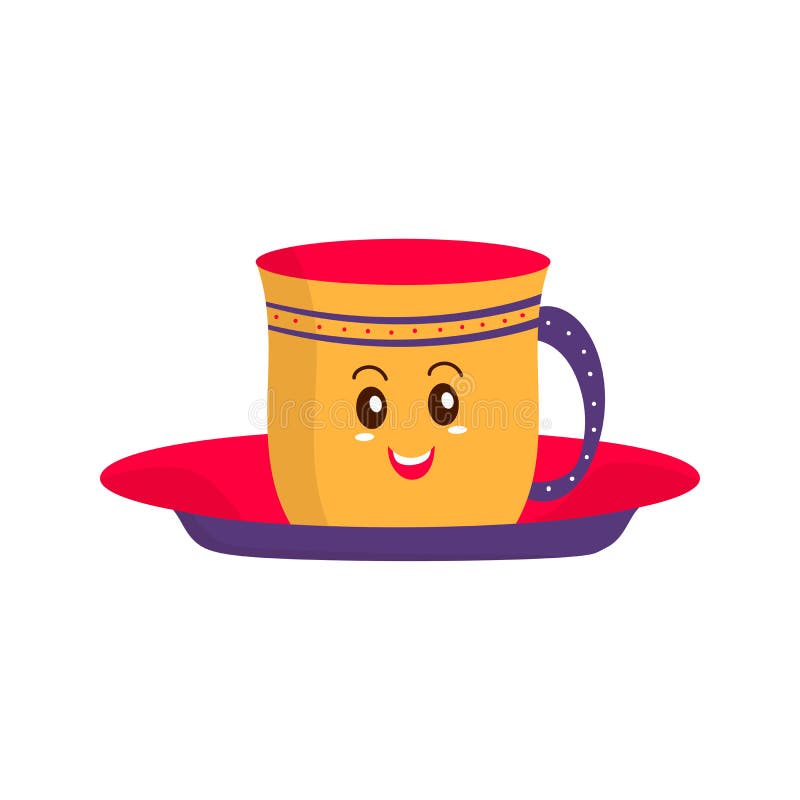 Cheerful Cartoon Tea or Coffee Cup on Plate Against White Stock ...