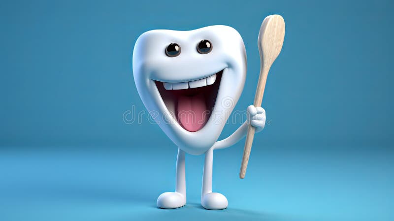 Cheerful Cartoon Tooth with Bright Smile Holding Toothbrush on Blue ...