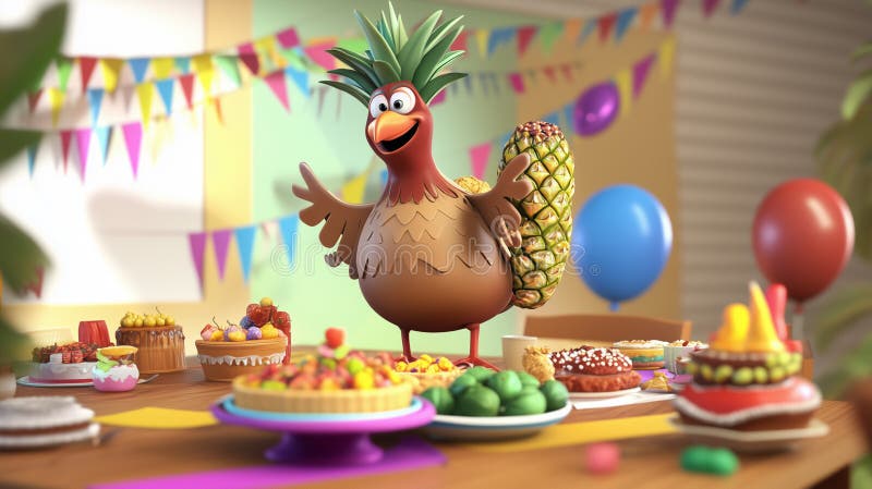 Cheerful Cartoon Turkey at a Colorful Dessert Table Party with a ...