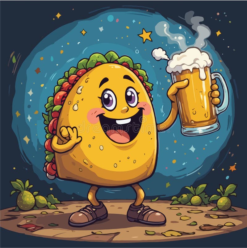 A Cheerful Cartoon Vector Illustration of Taco Character Holding a Beer ...