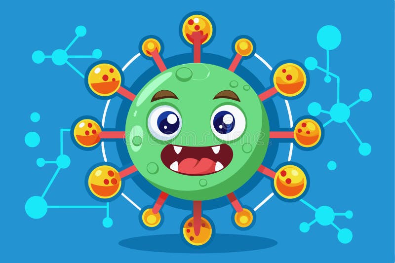 A Cheerful Cartoon Virus Character Surrounded by Molecular Structures ...