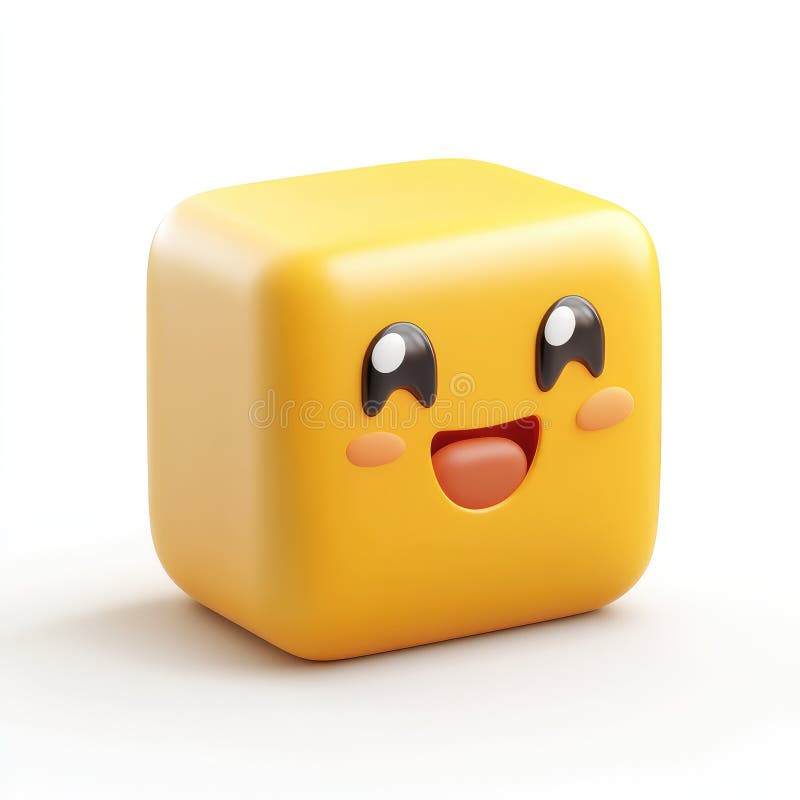 Happy Yellow Cube Emoji, 3D Render, Cute Cartoon Character Stock ...