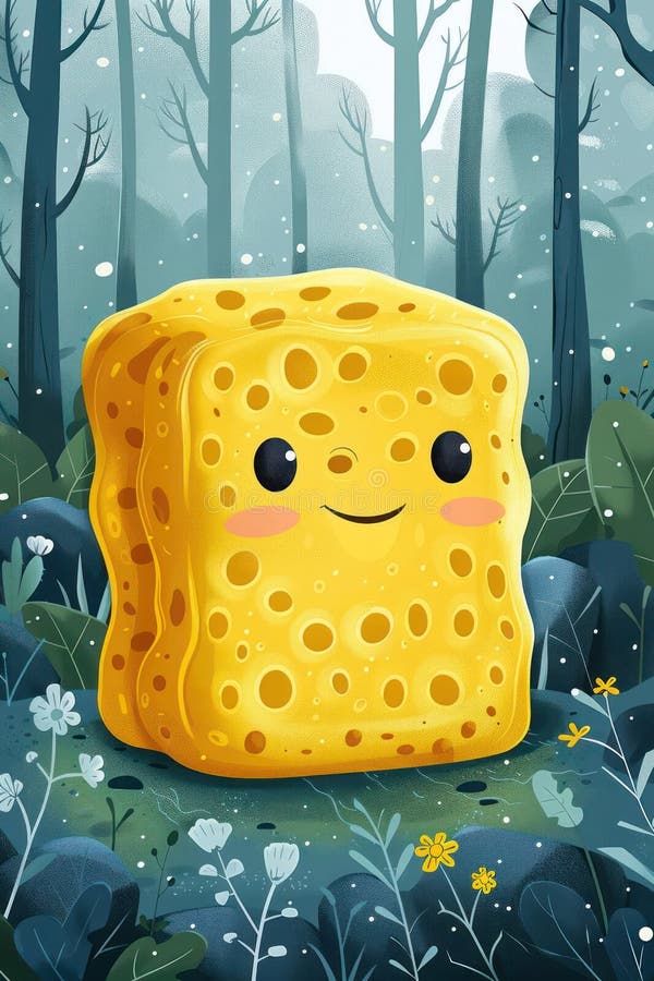 Smiling Yellow Sponge in a Mystical Forest Stock Illustration ...