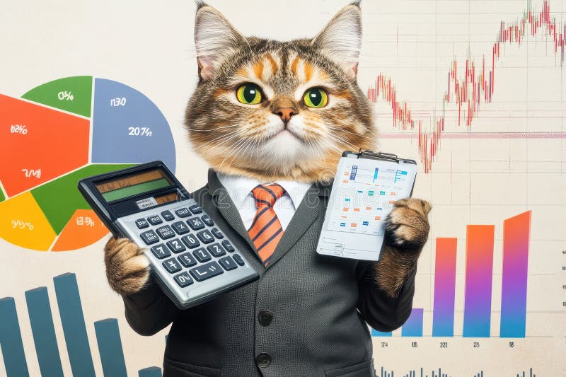 Cheerful Cat Economist in a Sharp Suit, Analyzing Financial Charts with ...