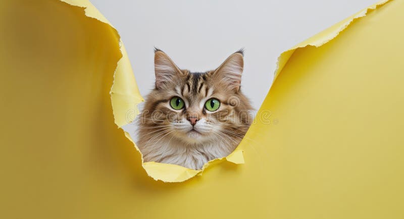 Cheerful Cat Peeking through a Tear in Bright Yellow Paper Stock Image ...